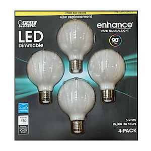 Feit Enhance 90+ CRI 40W Replacement Dimmable 2700K Soft White G25 Globe LED Light Bulbs, 4-Pack