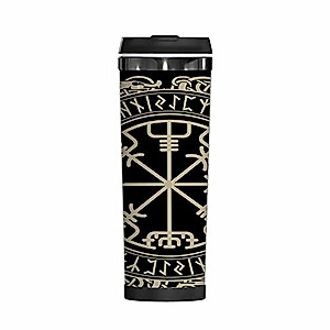 WONDERTIFY Viking Coffee Cup Magical Runic Compass Vegvisir Norse Runes Dragons Coffee Mug Stainless Steel Bottle Double Walled Thermo Travel Water Metal Canteen Black