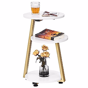 BEWISHOME Round End Table Side Table with Metal Frame, Accent Table Nightstand Bedside Table with 3-Tier Shelves, Small Table for Living Room Bedroom Couch Table Small Coffee Table White Gold KTZ41M