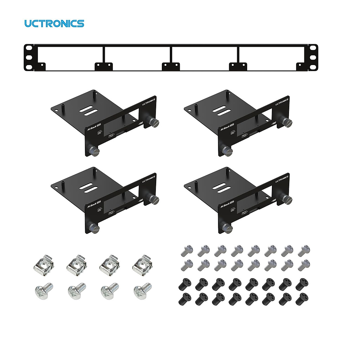 UCTRONICS 19” 1U Rack Mount for Raspberry Pi with SSD Mounting Brackets, Thumbscrews Front Removable Bracket Supports Up to 4 Raspberry Pi 5, 3B/3B+, 4B and 4 SSDs, Option SD Card Adapter