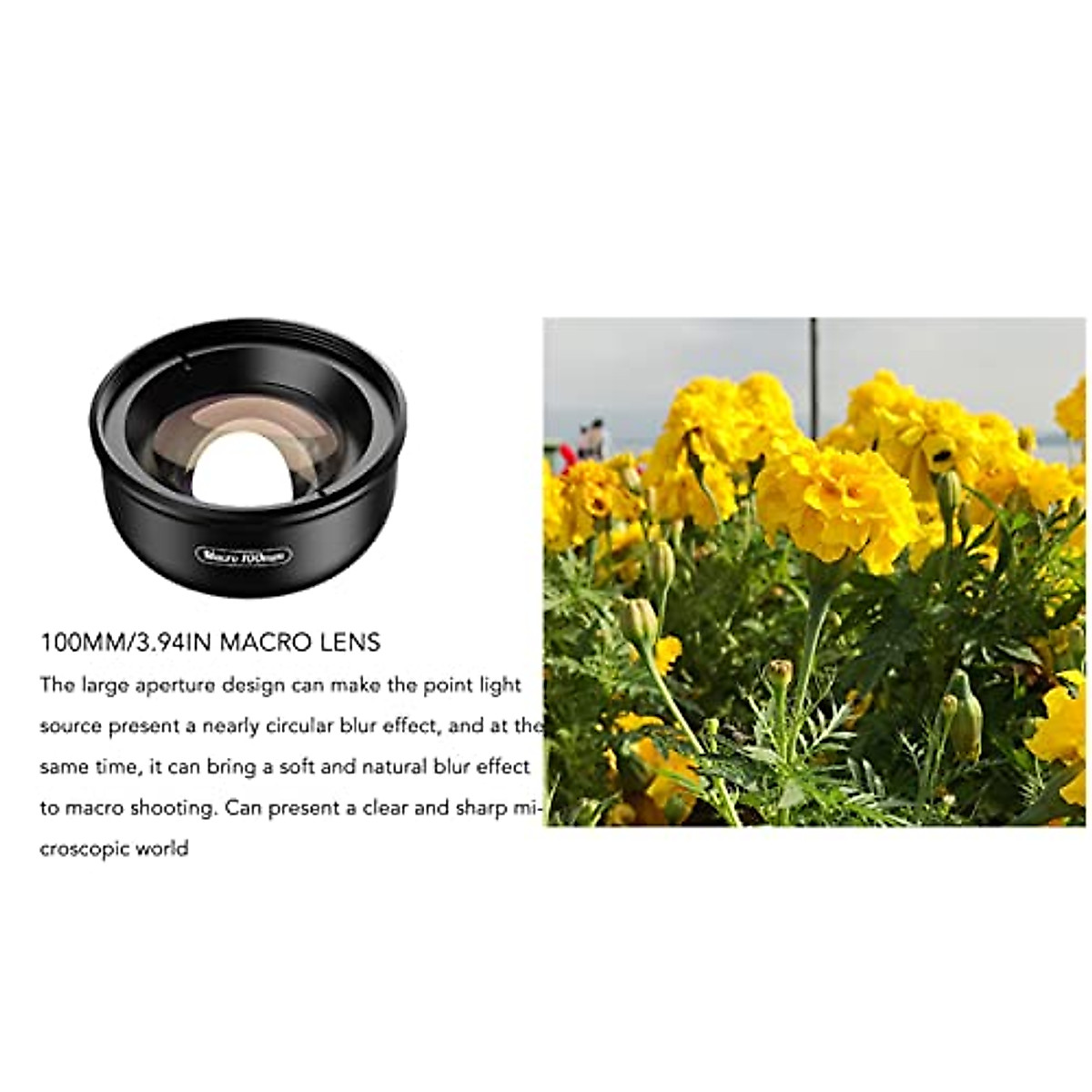 Cell Phone Camera Lens, 100mm Universal Multilayer Coating Professional HD No Distortion Smartphone Macro Lens with Flower Lens Clip