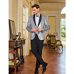 COOFANDY Men's Shiny Sequins Suit Jacket Blazer One Button Tuxedo Banquet Prom Silver