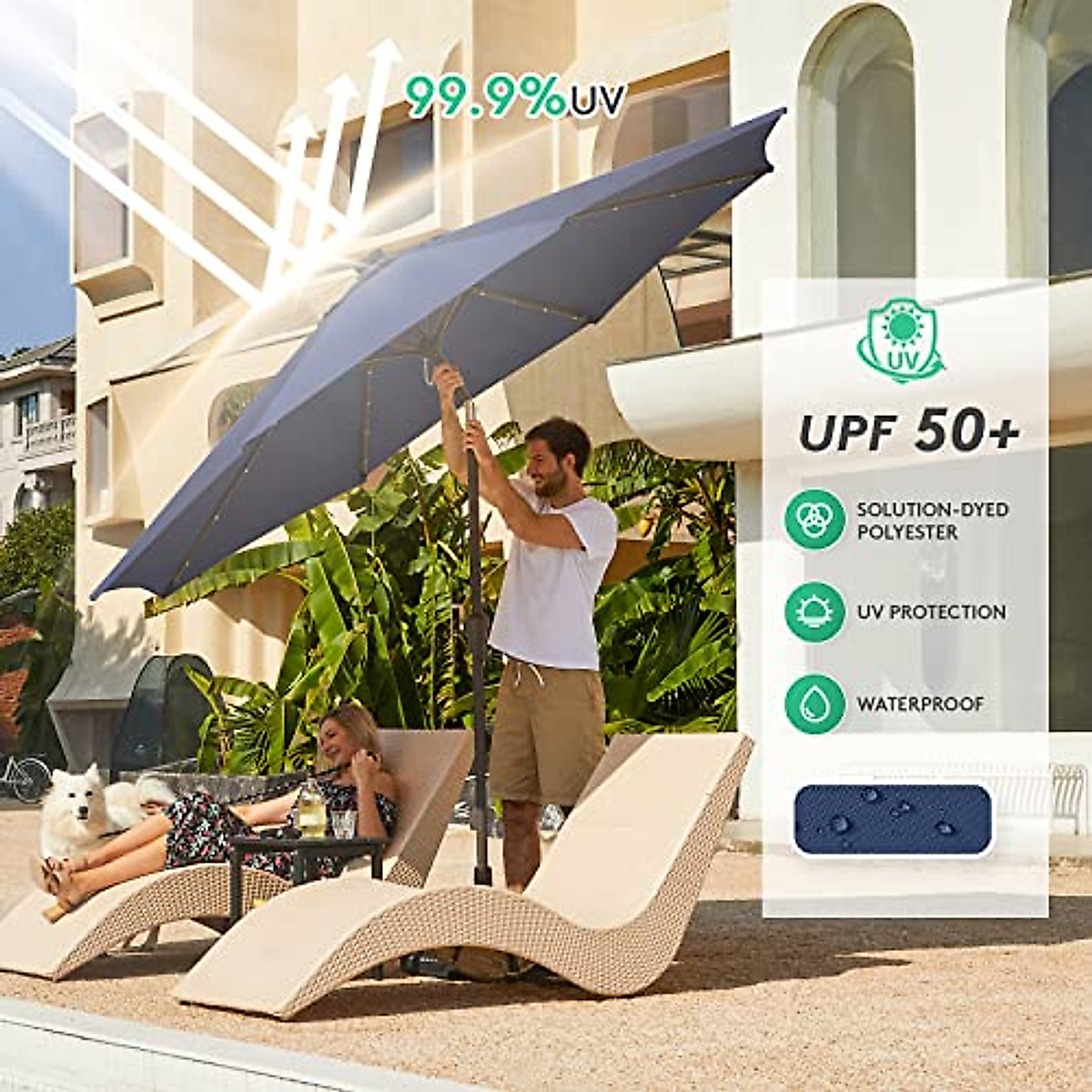 JEAREY 9FT LED Lighted Patio Umbrella, Solar Outdoor Umbrella, Tilt Table Umbrellafor Pool, Deck & Yard (Navy)