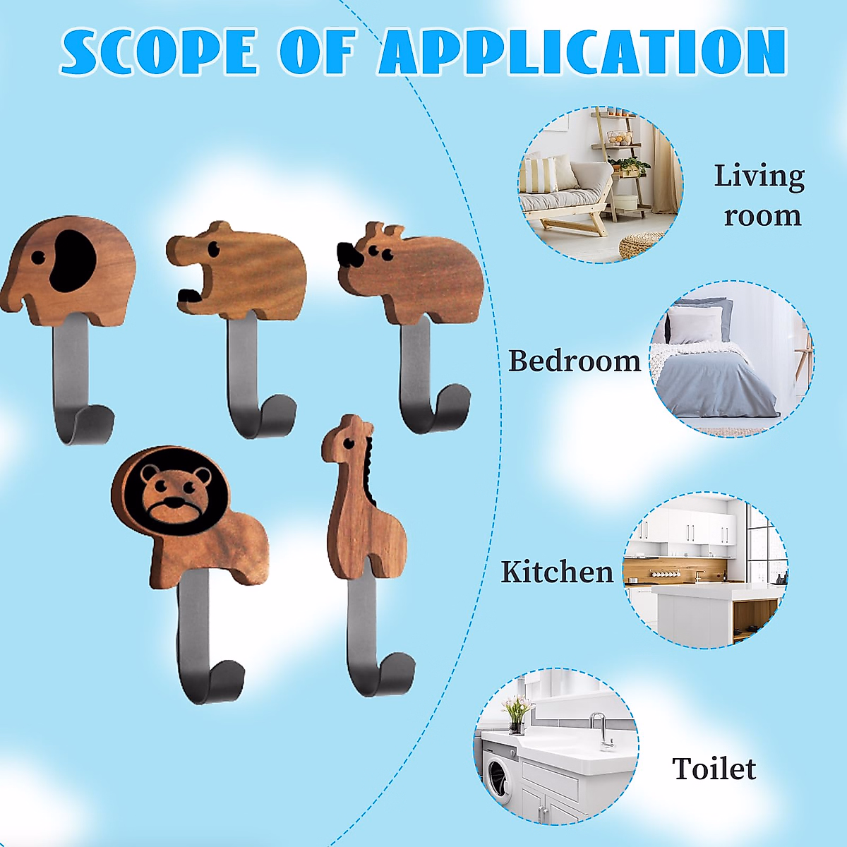 Qivine 5Pcs Wood Cute Animal Coat Hooks, Kids Coat Rack, Kids Coat Rack Wall Mount, Wall Hooks for Hanging, Giraffe Lion Elephant Animal Nursery Hooks for Nursery Bathroom Bedroom Home Decor