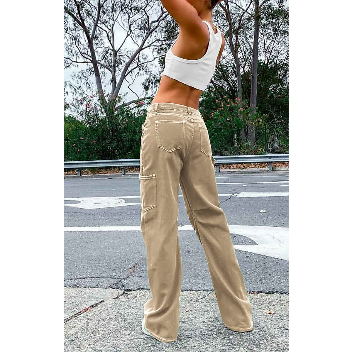 Dokotoo Lounge Women's Pants 2023 Palazzo Dress Pants for Women High Waisted with Pockets Jogger Stretchy Y2K Cargo Pants Khaki