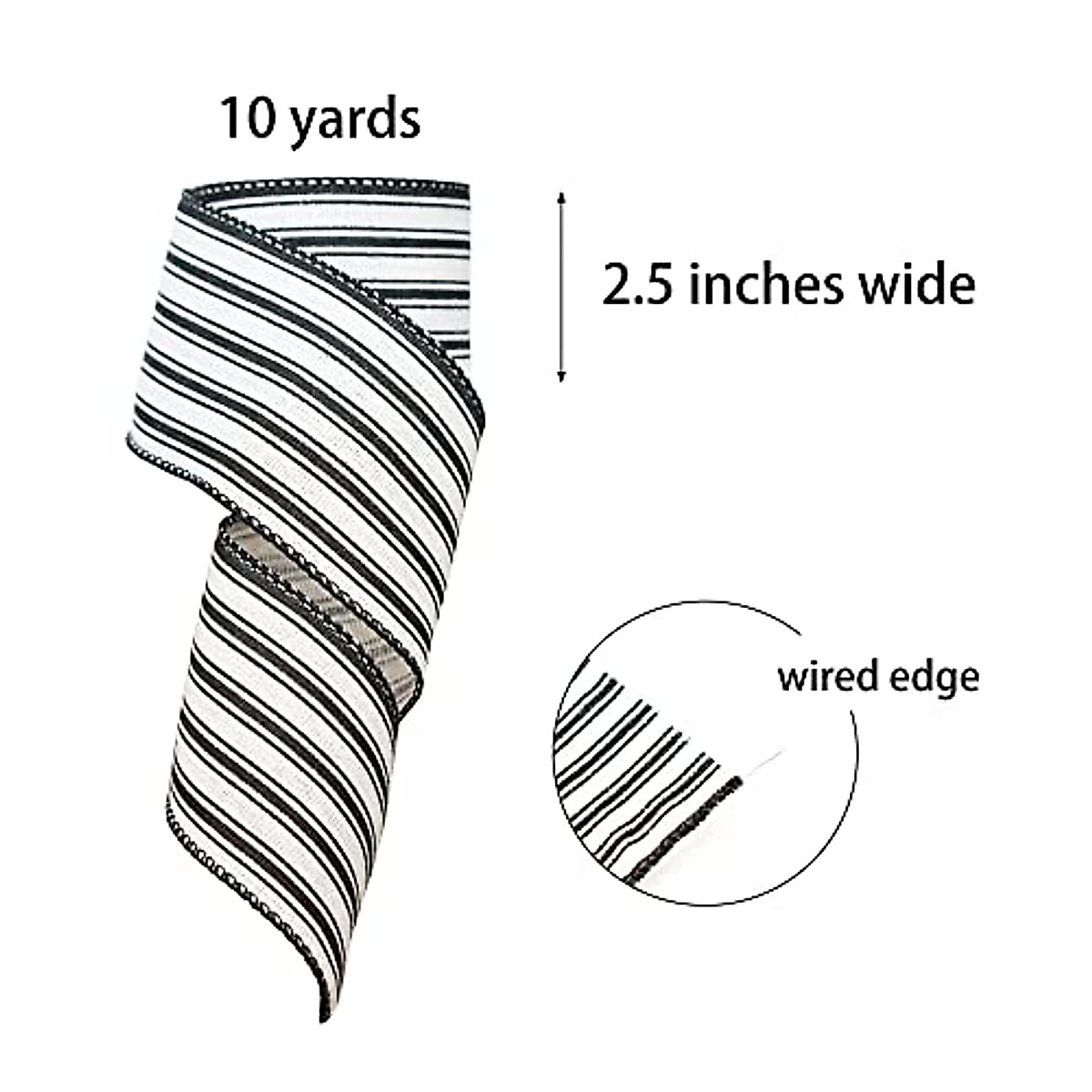 Cintago Black and White Striped Wired Ribbon, 2.5' x 10 Yards Wired Edge Ribbon for Wreath, Ticking Stripe Ribbon, DIY Craft and Gift Wrapping, Farmhouse Ribbon (Black&White, 2.5'x 10Yards)
