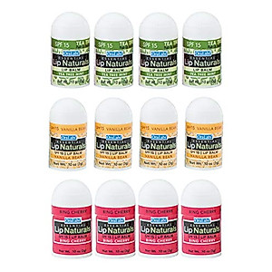 Lip Naturals® | Assorted Mini Lip Balm with Sunscreen (SPF-15) | Made in USA | 12-Count Pack with Bing Cherry, Tea Tree Mint, and Vanilla Bean Flavors (0.10oz/3g Each)