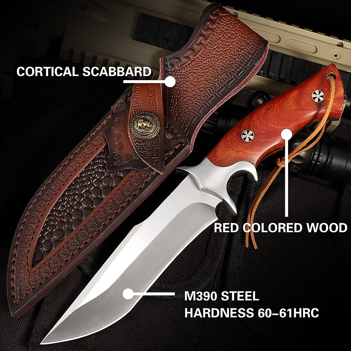 QIXENIO M390 Steel Handmade Hunting Knife, Fixed Blade Full-Tang with Leather Sheath, Red Wood Non-Slip Handle - Survival, Tactical, Camping knives