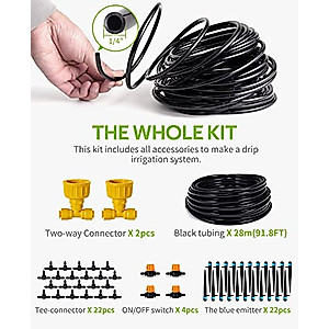 HIRALIY 91.8FT/28m Drip Irrigation Kits for Plant, Patio Watering System for Flower Beds, Automatic Irrigation Equipment Set for Garden Fruit Orchards and Shrubs, 1/4" Drip tubing and Two-ways Adapter