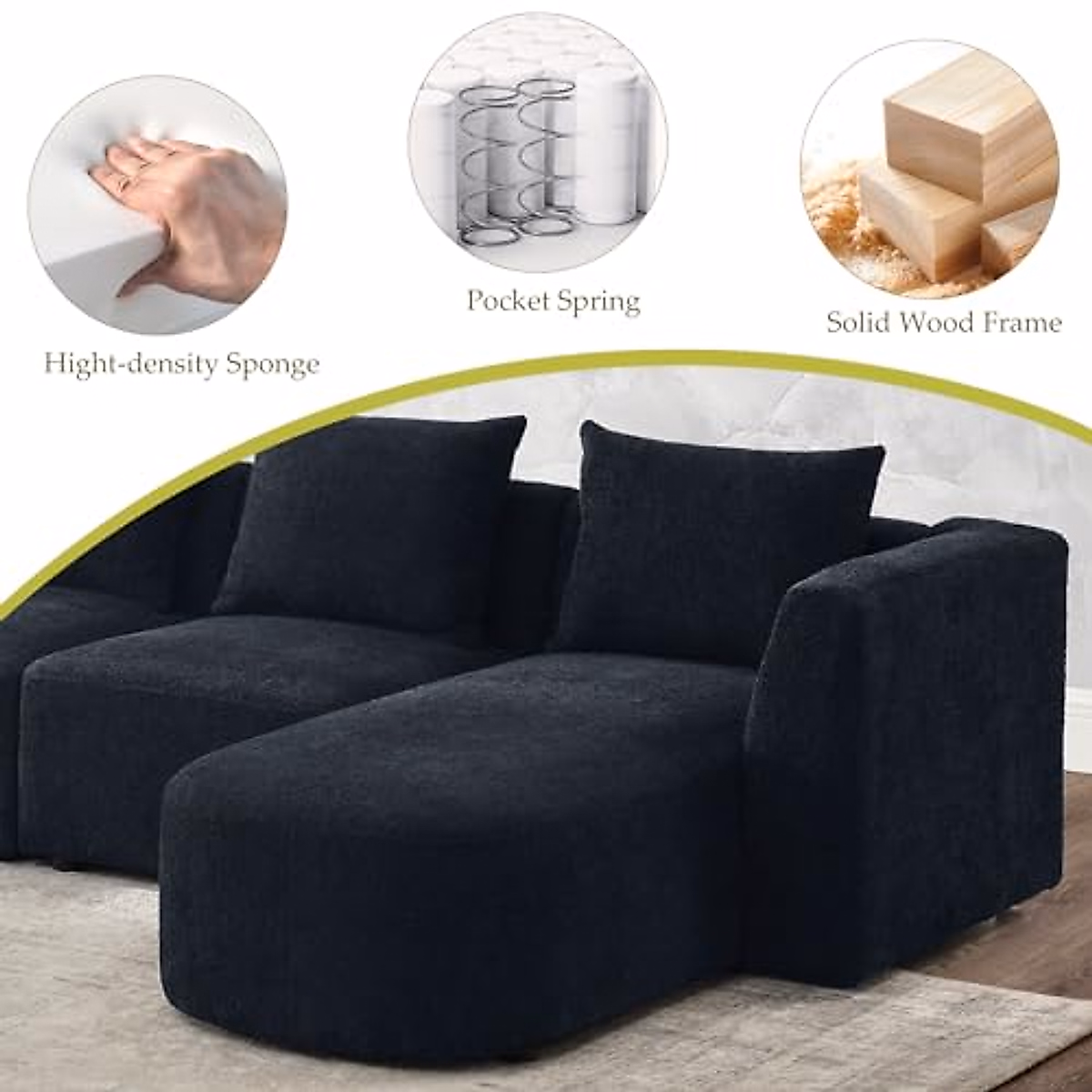 KIVENJAJA Modular Sectional Sofa, U-Shaped Couch with Double Chaise & Pillows, Modern Minimalist Boucle Fabric Large Comfy Cloud Sofas, Living Room Furniture Sets, 117 inch, Black