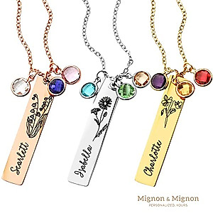 MignonandMignon Silver Custom Birthstone Necklace Birth Flower Name Personalized Gift for Her Bar Name Necklace for Mom Mothers Day Gift Floral Jewelry Handmade Jewelry -8N-FLBS-S