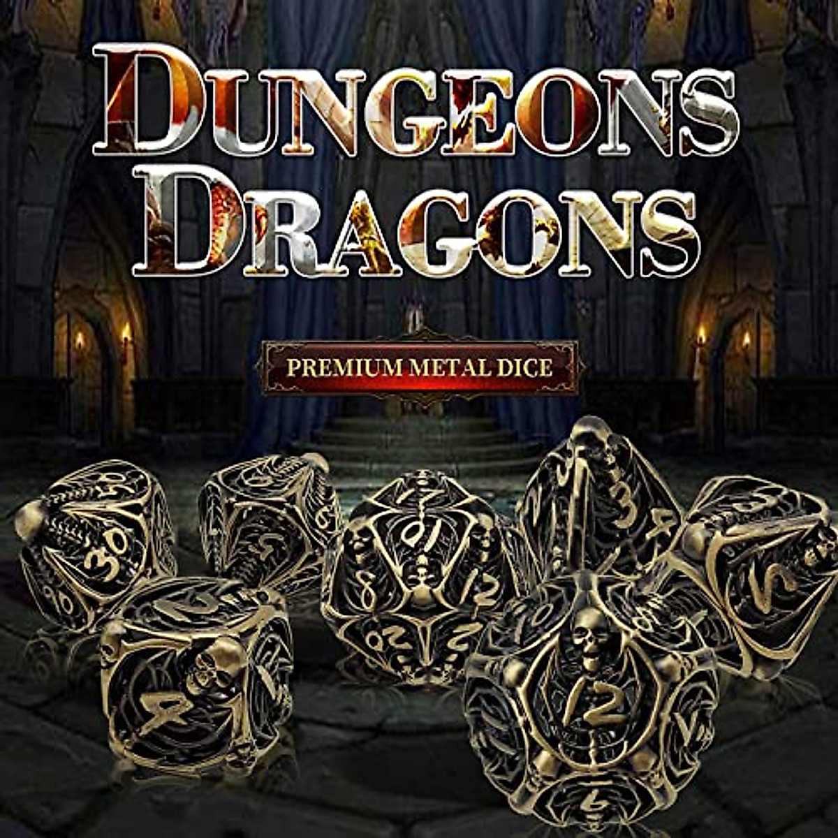 DND Dice Set Polyhedral Hollow D&D Dice Set for Games Dungeons and Dragons Role Playing Games ZHOORQI 7Pcs Skull Metal Dices MTG Pathfinder DND Collection Gifts (Skull-Bronze)