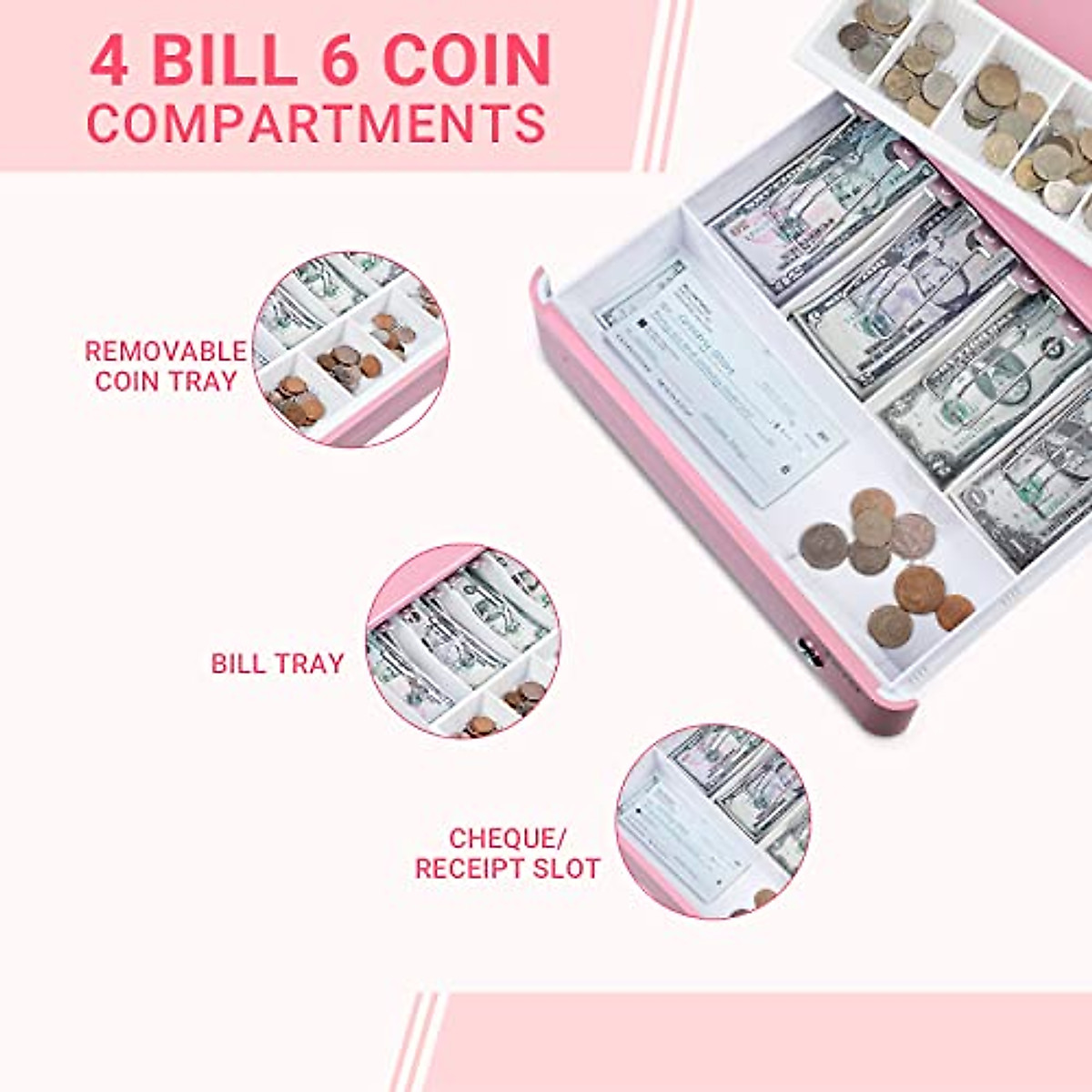 Tera 13" Auto Open Cash Register Drawer Heavy Duty with Micro Switch Fully Removable Insert Tray 5 Keys 4 Bill 6 Coin Media Slot 12V RJ12 Key-Lock (Round Corner) for POS System Small Business 330R