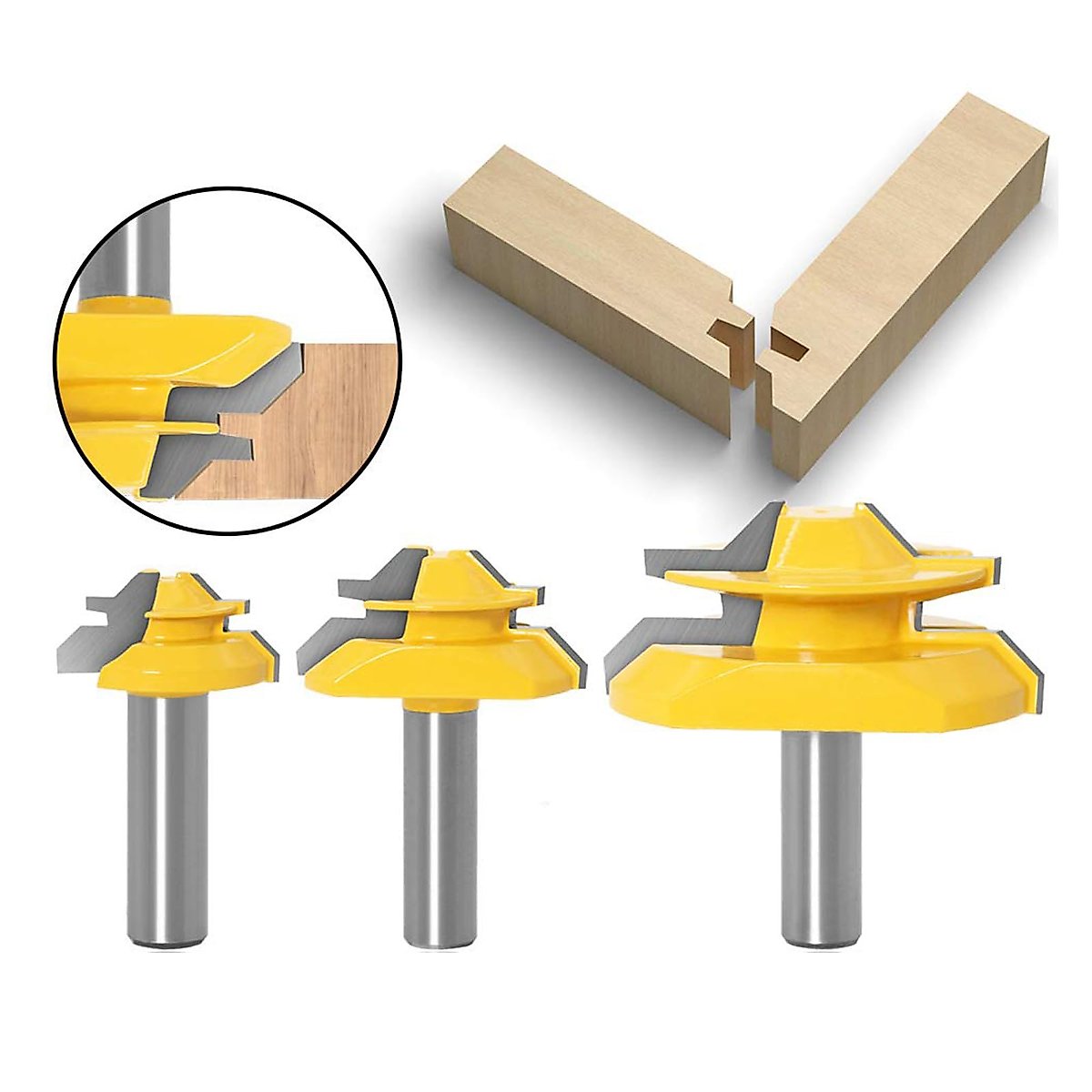 Ozmatip 45 Degree Lock Miter Router Bit 3-Piece Set, for 31/64", 3/4"，1"，Cutting Height, 1/2 Inch Shank.Woodworking Tools Joint Router Bits