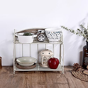 Funly mee 2 Tier Kitchen Countertop Spice Rack, Bathroom Metal and Wood Foldable Shelf Organizer (Rustic White)