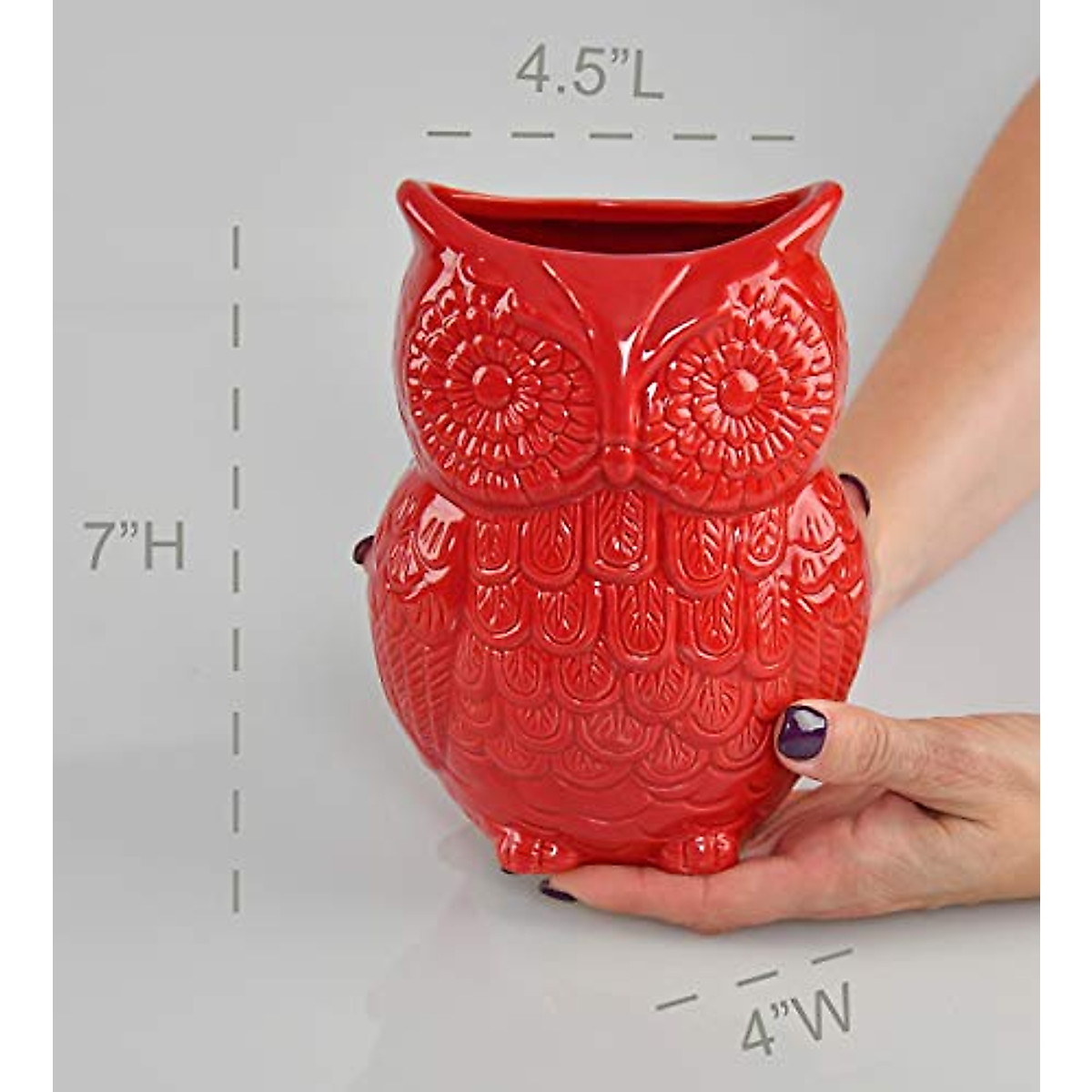 Home-X Ceramic Owl Utensil Holder - Kitchen Organizer, Large Utensil Caddy for Counter, Cooking & Spatula Storage Crock, Farmhouse Decor, Home & Kitchen Accessory, Red