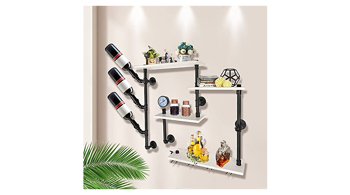 Rocomoco Wall Bar Shelves Industrial Pipe Shelving with 4 Stem Glass ...
