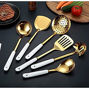 AQUAX Stainless Steel kitchenware seven Pieces Set (White Gold).Cooking Utensils 7 pcs with hanging shelf .Include Slotted Large Spoon, Soup Ladle, Spatula, Pasta spoon.