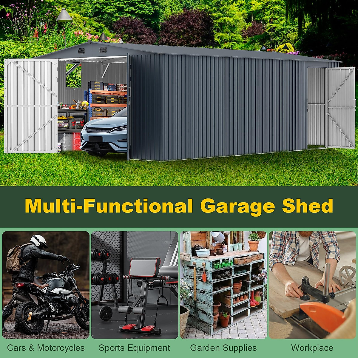 Large Metal Outdoor Storage Shed 13x20 Feet, with 1 Openable Window, 2 Doors, and 4 Ventilation Openings for A Large Metal Garage Shed for Cars, Trucks, Bicycles, Trash Cans, Tools, and Lawn Mowers