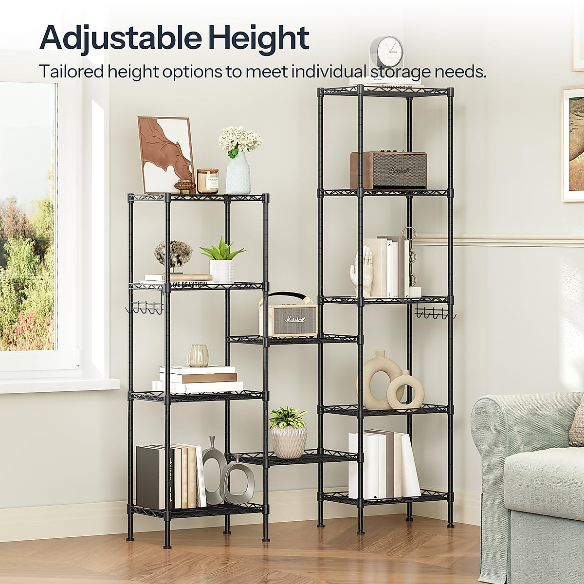 HOOBRO 5-Tier Storage Rack, Wire Shelving Unit with Adjustable Shelves, Standing Metal Shelf with Removable Drawer and 5 Hooks for Bathroom, Living Room, Bedroom, Kitchen, Black BK25CJ01