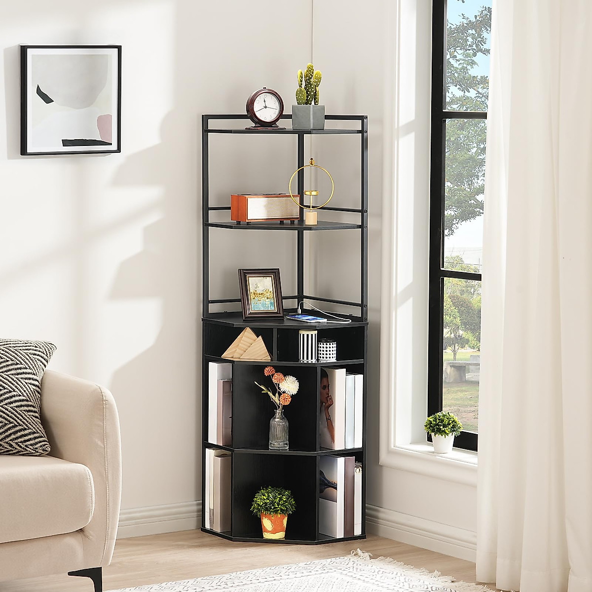 HOOBRO Corner Cabinet with USB Ports and Outlets, Corner Storage Cabinet with Charging Station, Corner Cube Bookshelf, Wooden Display Bookshelf for Small Space, Living Room, Black BK34UCJ01