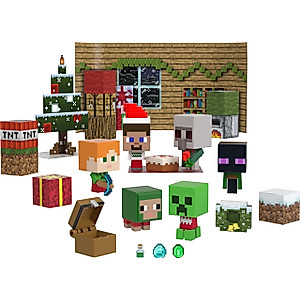 Mattel Minecraft Mob Head Minis Advent Calendar with 24 Surprises Including 6 Action Figures & Accessories, Includes Steve, Holiday Gift