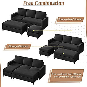 JAMFLY 79'' Sectional Sofa Couch with Storage Ottoman, Living Room Furniture Set Small Deep Convertible Sofa, L-Shaped Couch Wide Reversible Chaise with Linen Fabric (Charcoal Grey)