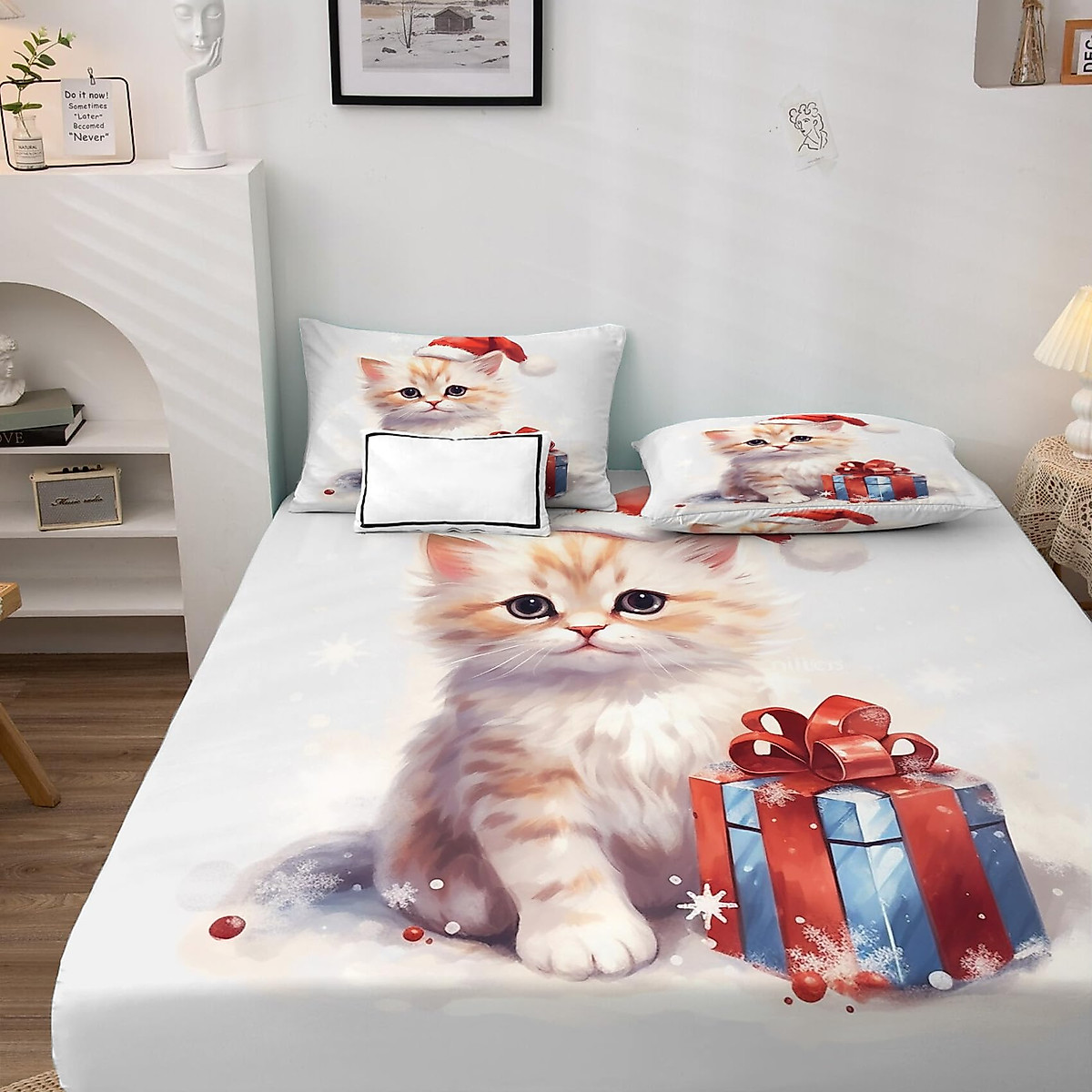 Christmas Cat Sheets Full Size Sheet Sets - Cute Kitten Bed Sheets, Soft Microfiber & Deep Pocket & Wrinkle Free Patterned Bedding Sheets & Pillowcases, 1 Fitted Sheet, 1 Flat Sheet, 2 Pillow Cases