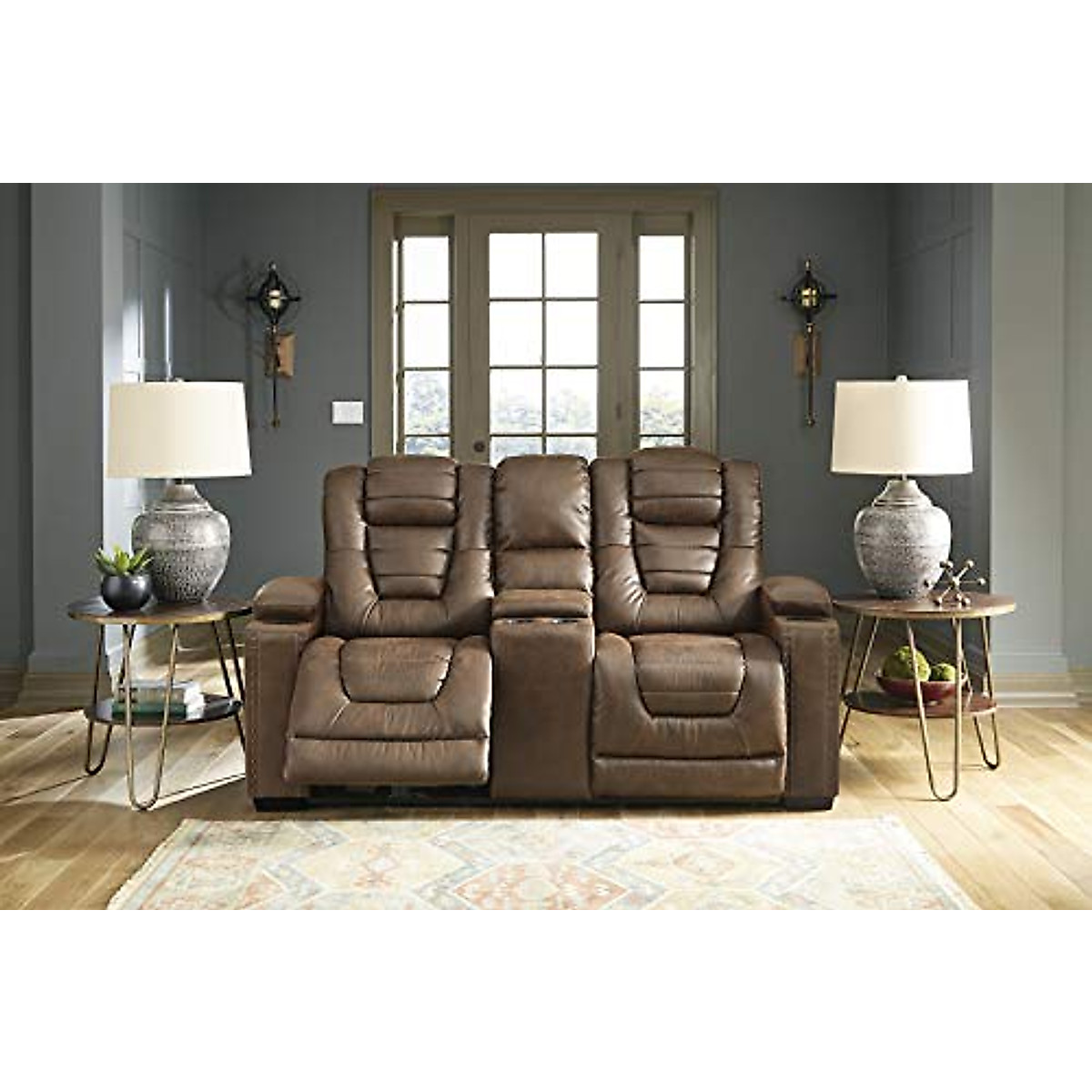 Signature Design by Ashley Owner's Box Faux Leather Power Reclining Loveseat with Center Console, Brown