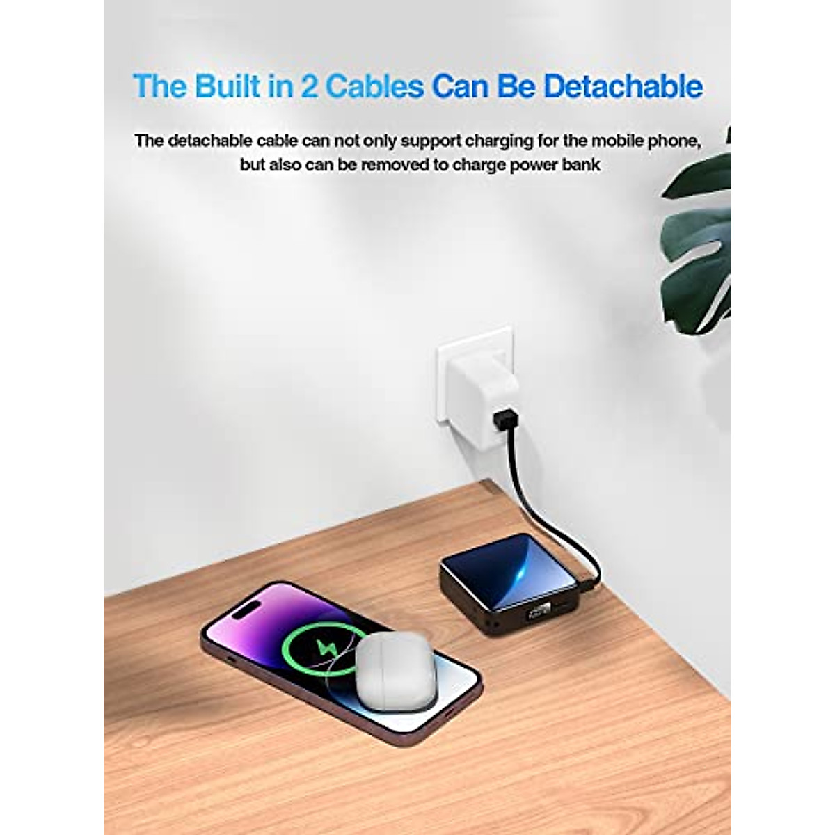 POWMYMTO 20000mAh Power Bank Portable Charger Battery Pack,Output 2A Charging with Built-in 2 USB-C Removable Charging Cables Led Display for iPhone 14 13 12 11 Pro,Samsung S21 LG and More