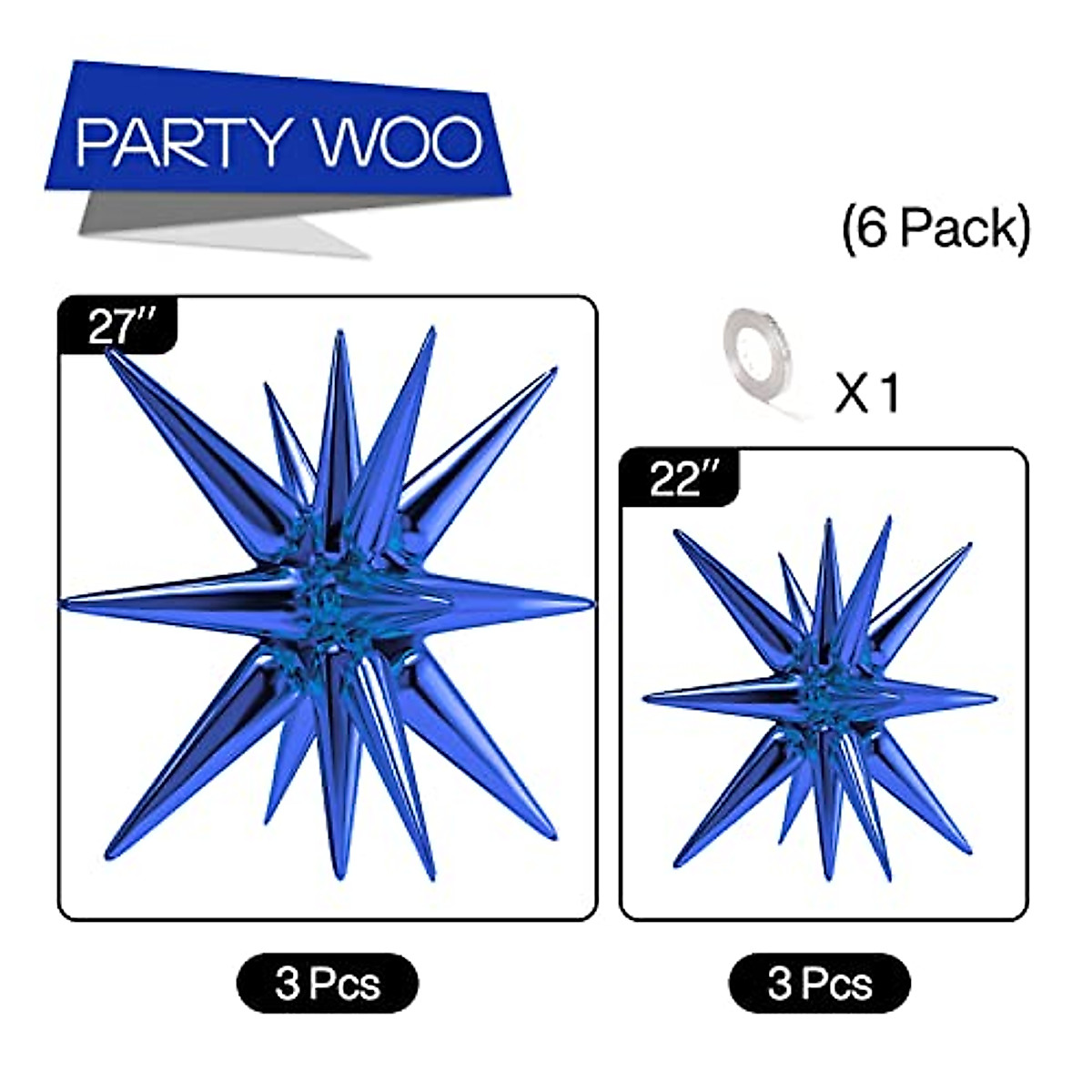 PartyWoo Dark Blue Star Balloons 6 pcs, One-Piece 14-Pointed Starburst Balloons, 27 & 22 inch Star Explosion Balloons with Ribbon, Point Star Foil Balloons, Large Mylar Balloons for Party Decorations