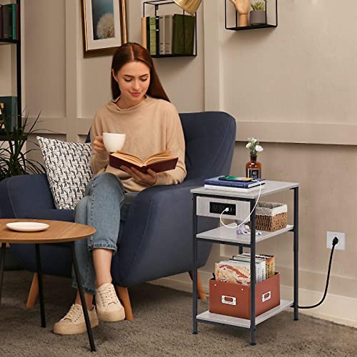 MOOACE Nightstand with Charging Station, Side End Table with USB Ports and Outlets, 3 Tier Side Table with Storage Shelf Modern Bedside Table for Bedroom Living Room, Grey