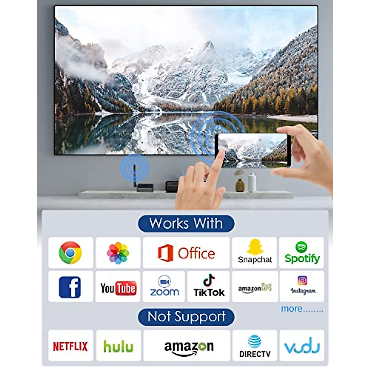 Wireless Display Adapter, HDMI/TV Display Adapter, No Setup or APP, Supports Miracast, Airplay, DLNA, for iPhone iOS, Android, Windows, Mac OS Casting/Mirroring to TV/Projector/Monitor