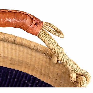 The Bead Chest African Bolga Basket | Genuine Leather Handle | Woven Handmade Fair Trade Product | 100% Authentic Ghanaian | 16-18 Inches Across | Indigo Blue - Striped