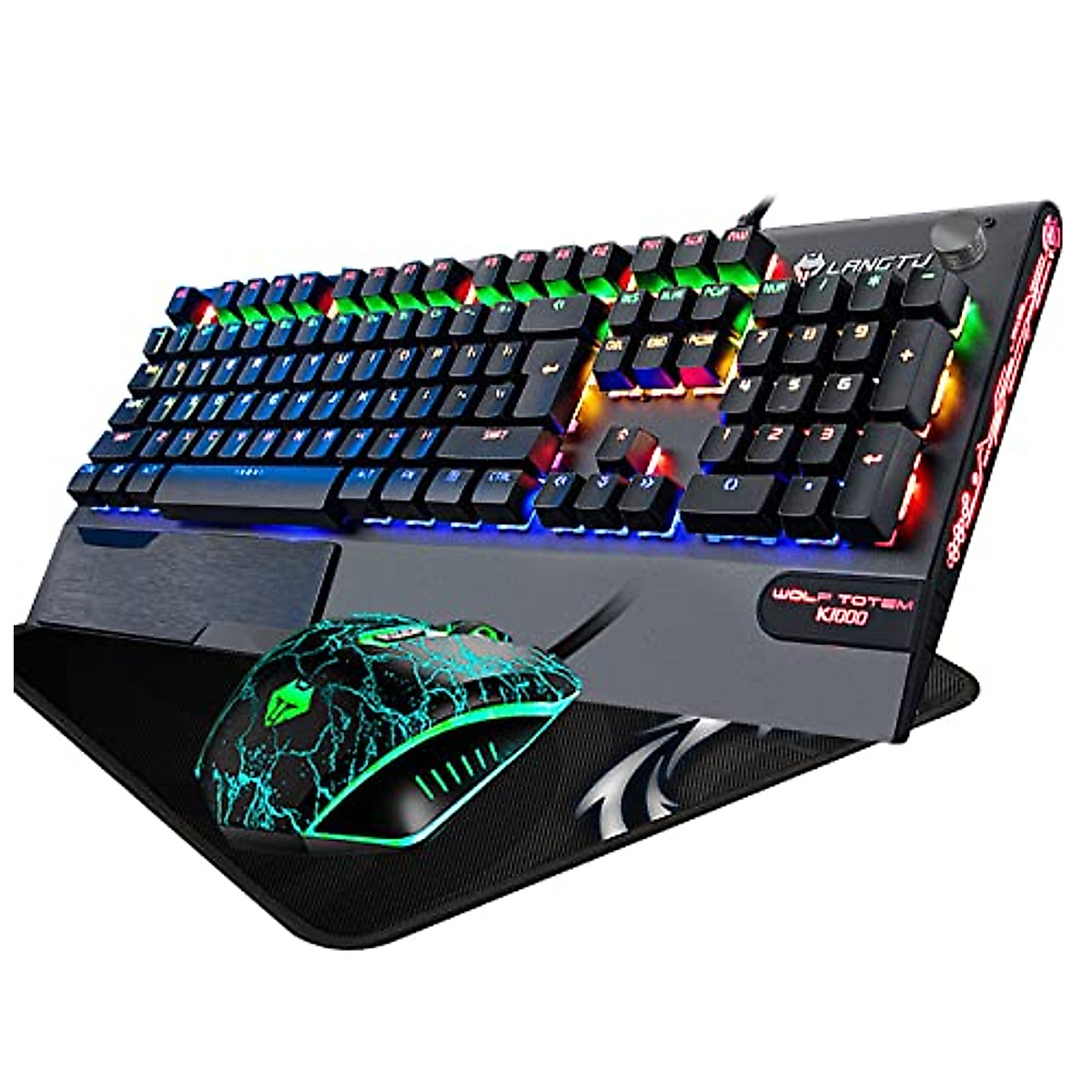 Multimedia Knob Computer Mechanical Keyboard Sandblast Metal Panel,104-Keys Conflict Free Buttons Gaming Keyboard,Dazzle Colour on Both Side, Mouse+Mouse Pads (Black/Raionbow Backlit/Blue Switch)