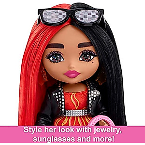 Barbie Extra Minis Doll & Accessories with Red & Black Hair, Toy Pieces Include Flame-Print Dress & Moto Jacket