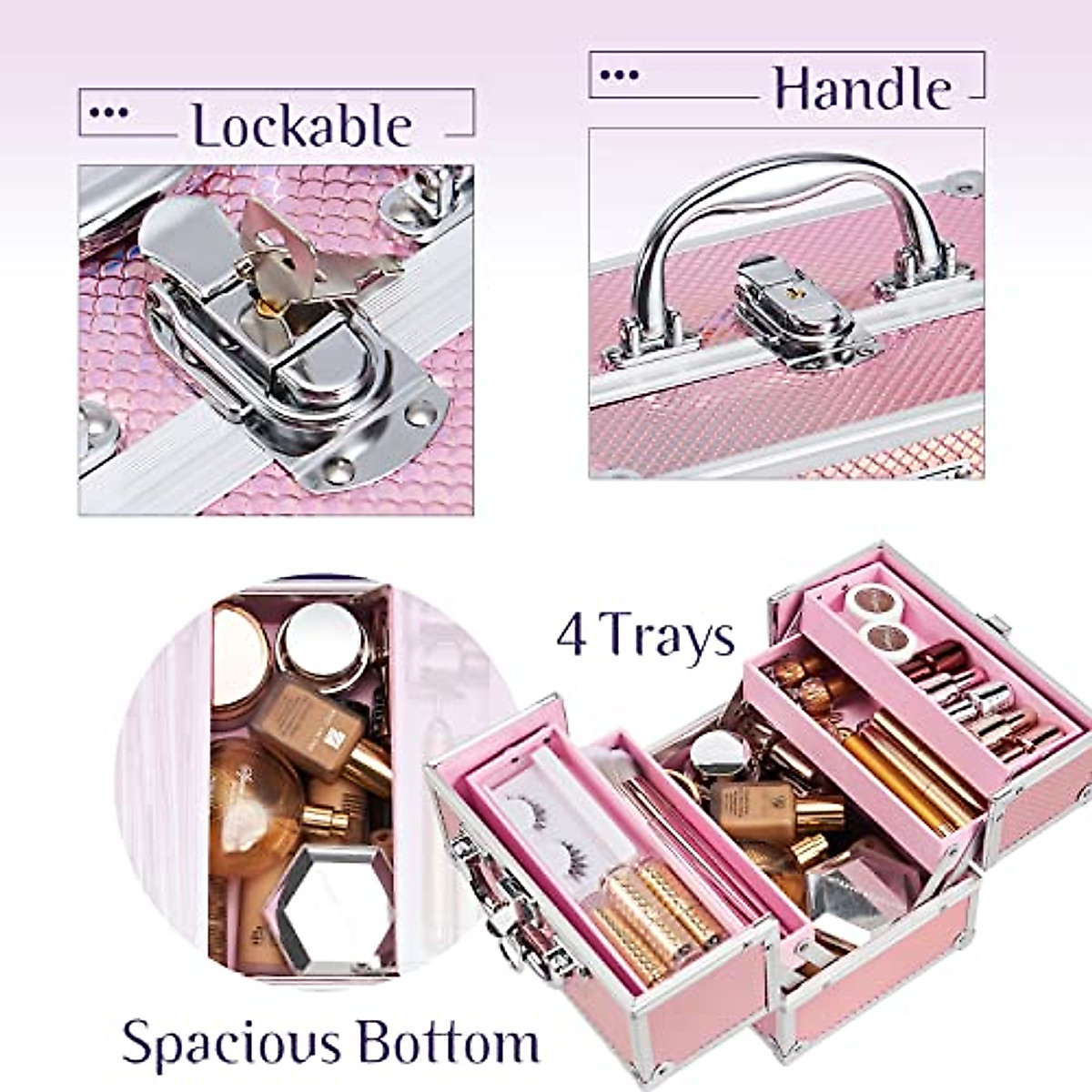 FRENESSA Makeup Train Case Beauty Cosmetic Box 4 Tier Trays Jewelry Storage Organizer with Lockable Pink Lining Perfect for Women and Girls - Mermaid Pink