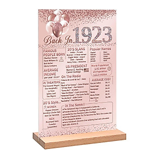 Vlipoeasn Pink 101st Birthday Anniversary Table Decoration 1923 Poster for Women, Rose Gold Back in 1923 Acrylic Table Sign with Wooden Stand, 101 Year Old Birthday Party Centerpieces Gift Supplies