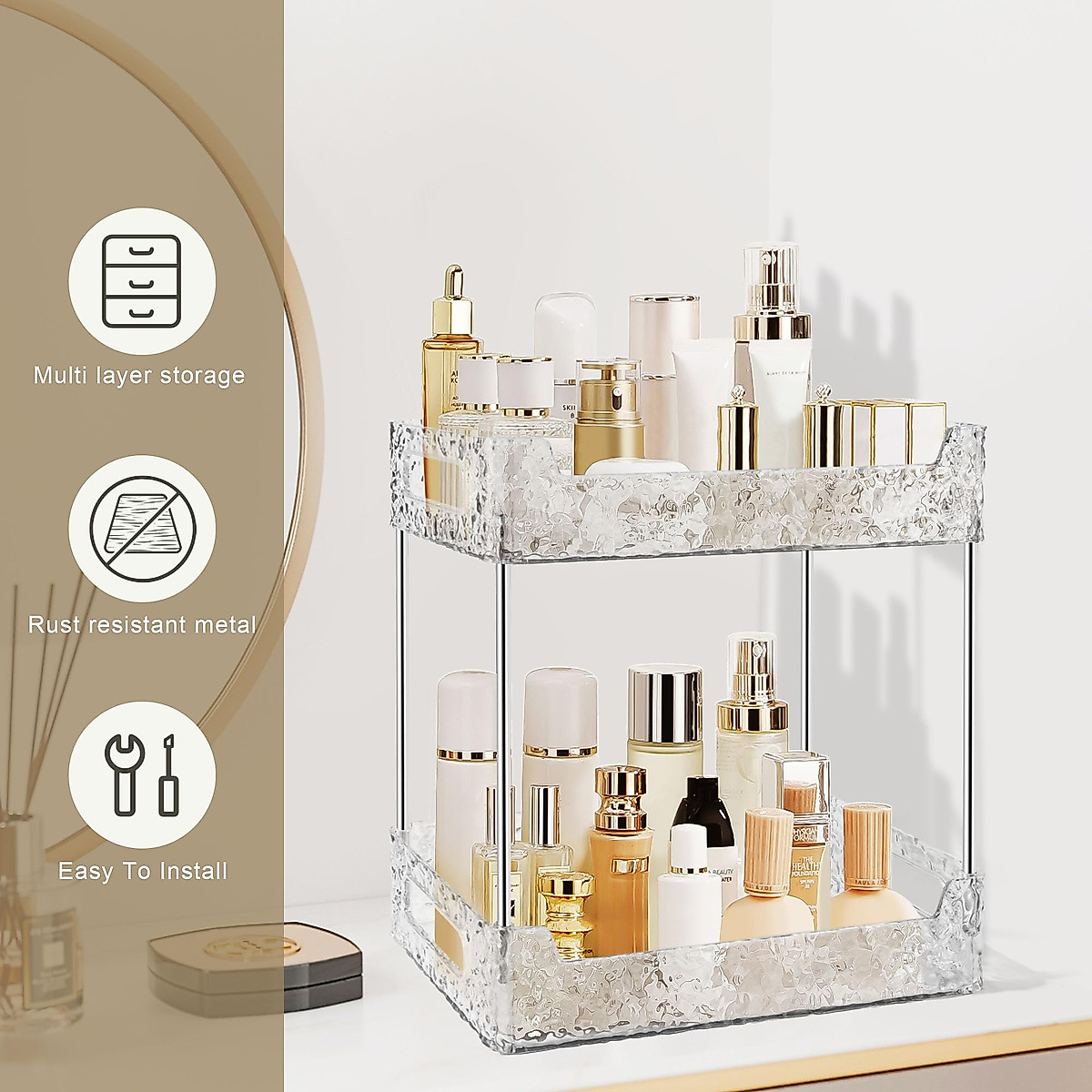 TENDER EPOCH 2-Tier Bathroom Counter Organizer Countertop Storage, Dresser Organizer Vanity Tray for Makeup, Perfume Organizer Cosmetics Skincare Shelf Organizer - Clear