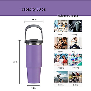Insulated Straw Mug, 30 oz Anti-Leak Tumbler with 3-Way Lid: Sip, Straw, or Pour - Stainless Steel Travel Coffee Mug Fit Cupholder with Easy-to-carry Handle (Violet)