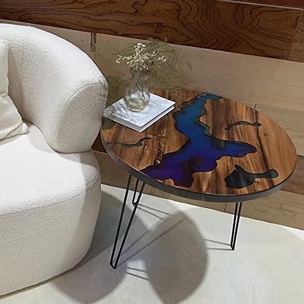 Aurtem Modern Round Coffee Table with Blue Epoxy Home Furniture Household Essential Coffee Table Sturdy Wooden, Resin Console Table Accent Piece for Your Living Room and Office (24''X24'')