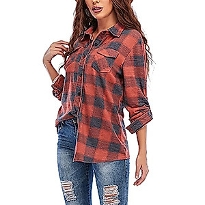 Women Cuffed Long Sleeve Boyfriend Button Down Plaid Flannel Shirt