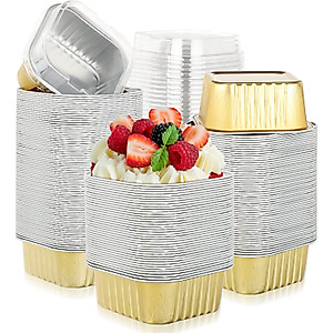 200 Pcs 5 oz Aluminum Foil Baking Cups with Lids 150 ml Foil Cupcake Containers Disposable Ramekins Mini Creme Brulee Pudding Cups Square Muffin Liners Flan Cups for Wedding Christmas Birthday Party