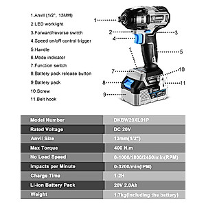 DEKOPRO Impact Wrench Cordless Impact Wrench 1/2 inch Impact Driver Brushless Motor Impact Gun High Torque 295 ft lbs (400N.m) with 4.0A Li-ion Battery and Fast Charger