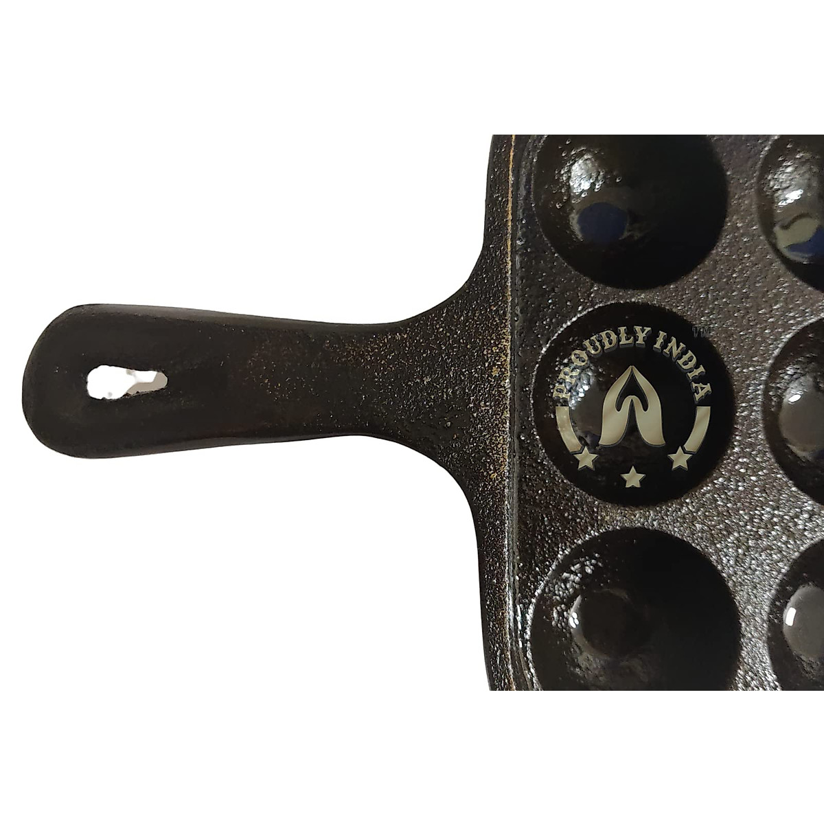 Cast Iron Paniyaram | Paddu Pan Long Handle Induction Compatible - SQUARE | 9 Pits | Flat Bottom with Ring and Handle | with FREE Turner Rod