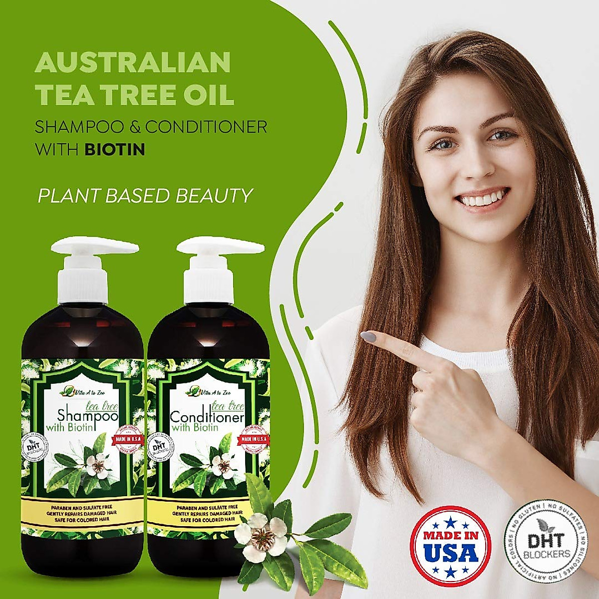 Tea Tree Oil & Biotin Shampoo & Conditioner Set for Men & Women | Professional Strength Formula | Refreshes & Stimulates Hair & Scalp | Moisturizing, Conditioning & Anti Hair Loss with DHT Blockers