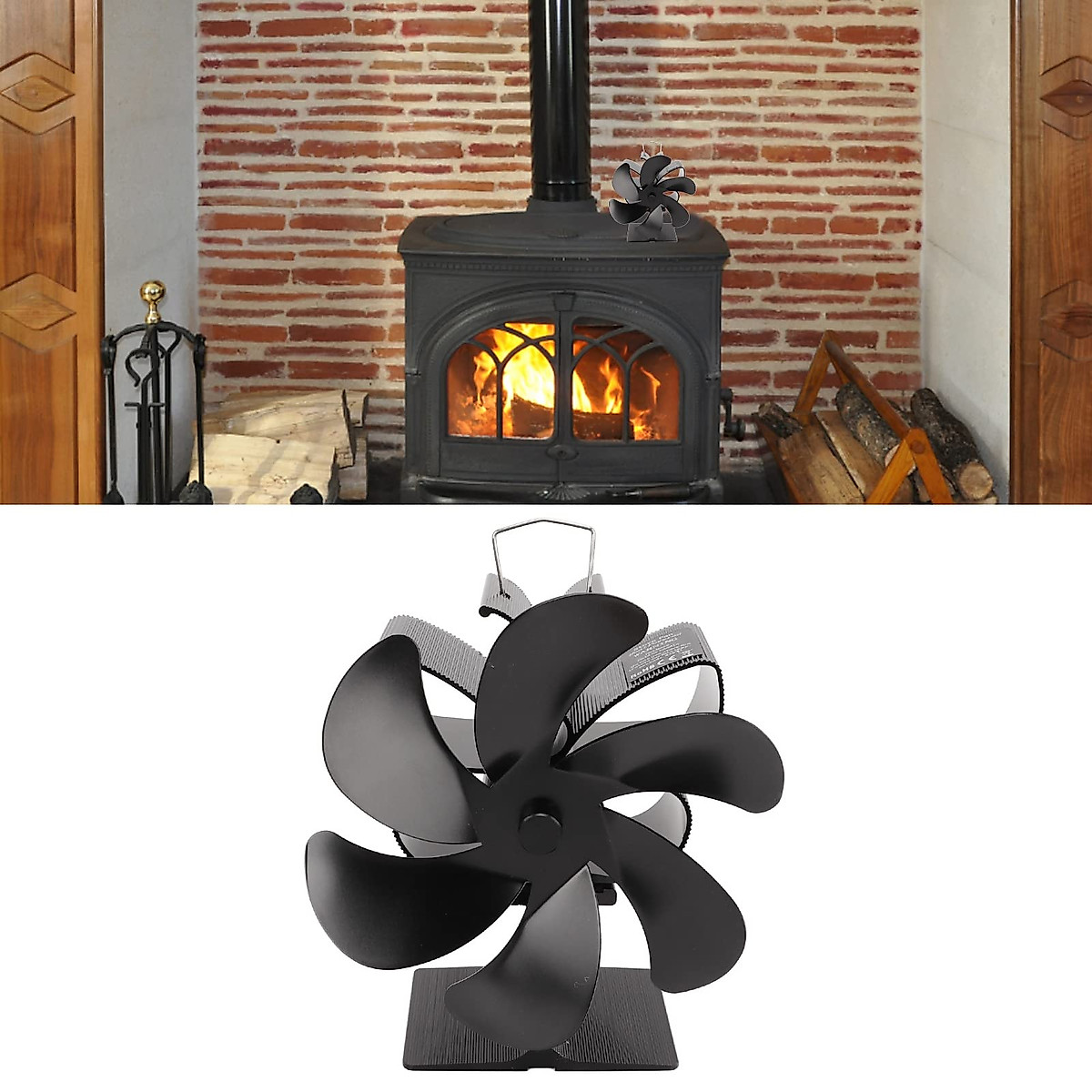 TITA-DONG Mini Stove Fan, 6 Blade Eco Thermal Fan, Black Fireplace Fan with Handle, Energy Efficiency Heat Powered Fan for Wood, Gas, Peellet, High Speed and High Temperature Resistance