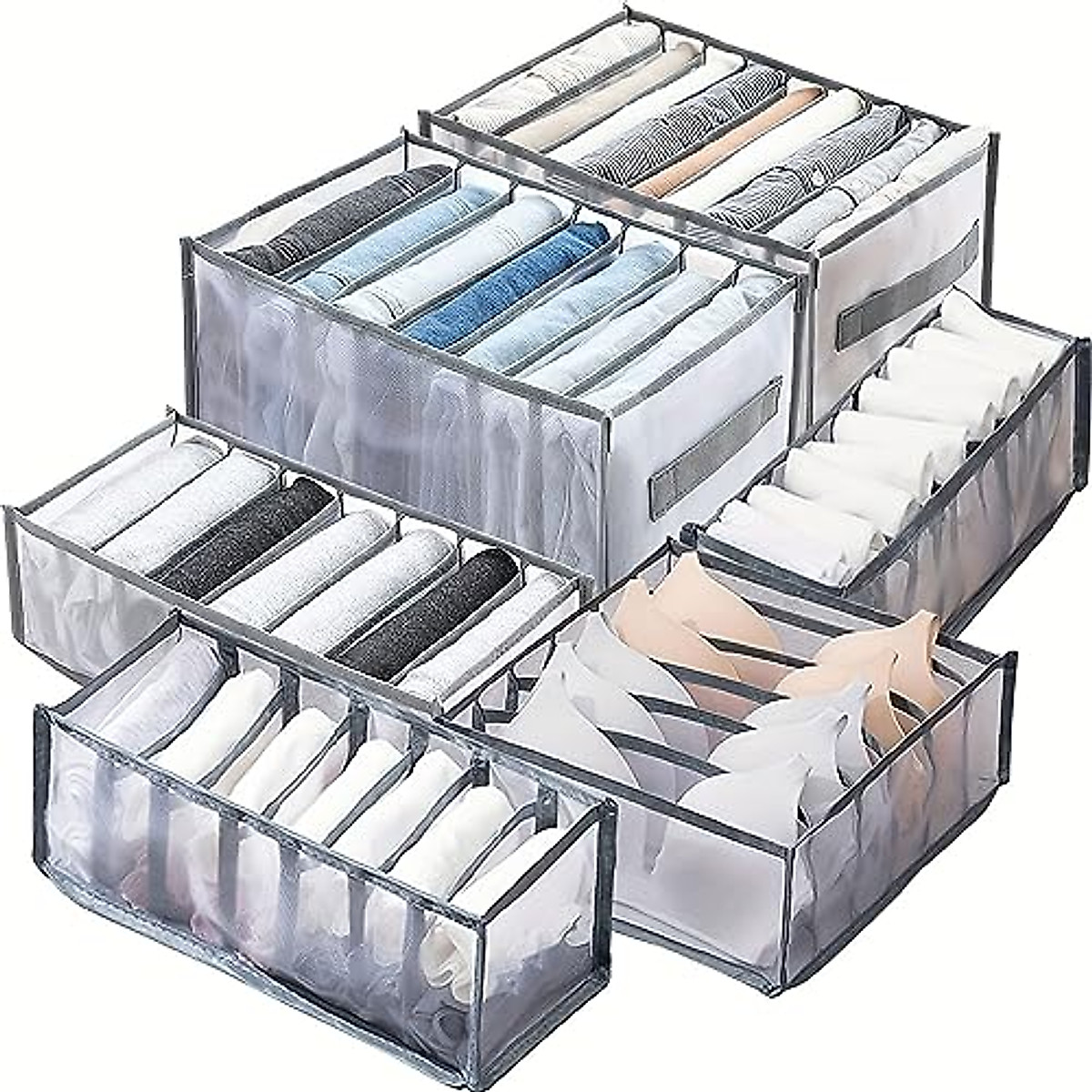 6pcs Wardrobe Clothes Organizer For Jeans, Upgraded Drawer Organizers For Clothing With Handle, Foldable Drawer Organizers For Family (Shirt+Jeans+T-Shirt+Bra+Underwear+Socks, Gray)