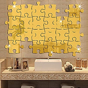 3D Puzzle Mirror Wall Stickers, DIY Home Decorative Acrylic Mirror Wall Sheet Mirror Art Plastic Mirror Tiles for Home Living Room Bedroom Sofa TV Setting Wall Decoration Decor Decal 4PCS (Gold)