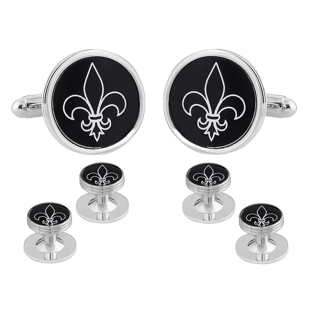 Fleur De Lys Cufflinks and Studs Formal Set Tuxedo in a Presentation Gift Box Black Fleur De Lis Silver Round Wedding